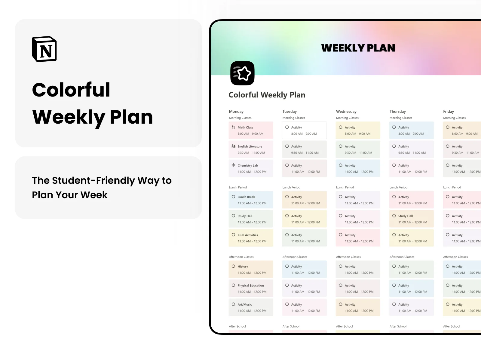 Free Student Colorful Weekly Plan Template for Notion - Best Notion ...